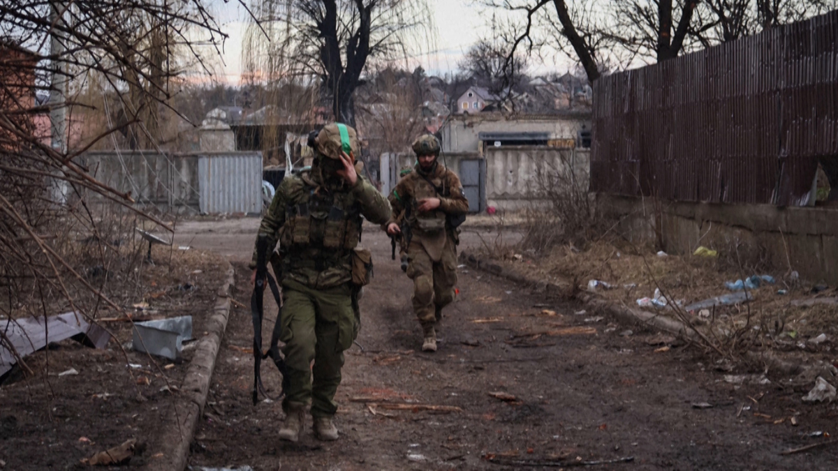 Stills of Ukrainian soldiers in battle-scarred Bakhmut