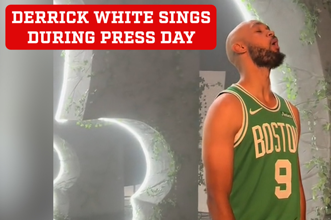 Derrick White acts silly during press day giving the Celtics media team ...