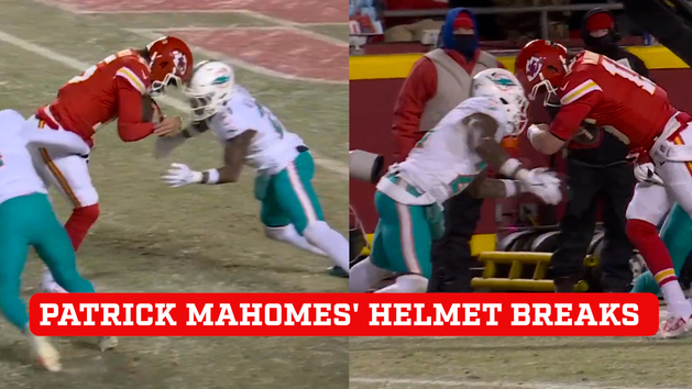 Patrick Mahomes' helmet breaks during wild card game against Miami ...
