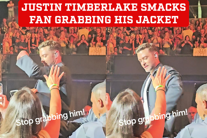 Justin Timberlake, visibly upset, smacks handsy fan grabbing his jacket ...