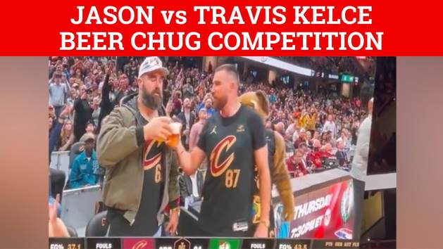 Jason Kelce puts Travis to shame in beer chug competition at Cavs game ...