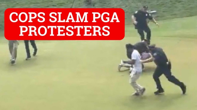Police body slam PGA Tour protestors interrupting Scottie Scheffler's ...