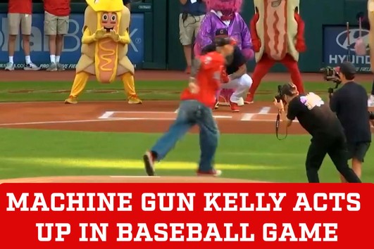 Machine Gun Kelly surprises with first pitch by breaking baseball ...