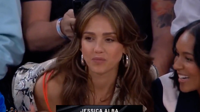 Warriors fan Jessica Alba makes surprise appearance at Knicks vs. Heat ...